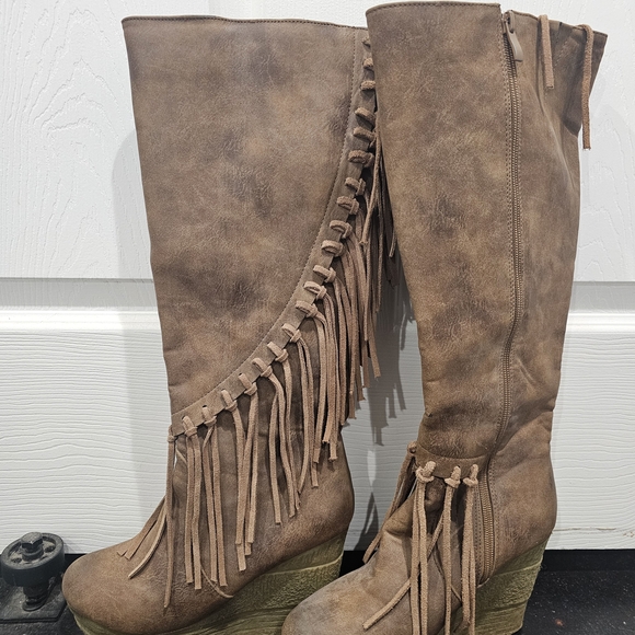 Sbicca | Shoes | Sicca Brown Fringe Kneehigh Wedge Boots | Poshmark